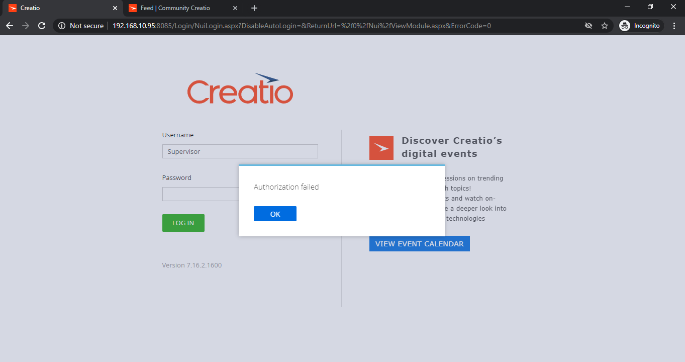 Authorization failed error | Community Creatio Authorization failed error | Community Creatio