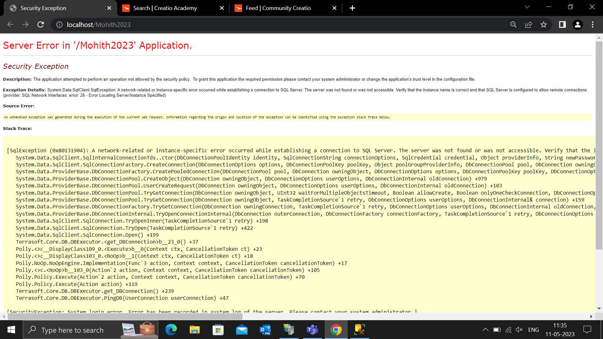 The application attempted to perform an operation not allowed by the ...