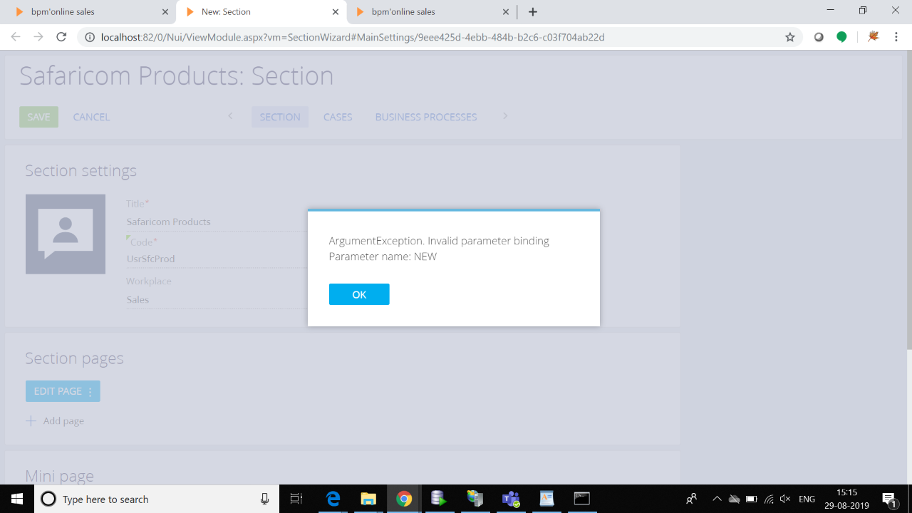 Error while trying to create a new section in BPMOnline (with Oracle db) | Community Creatio